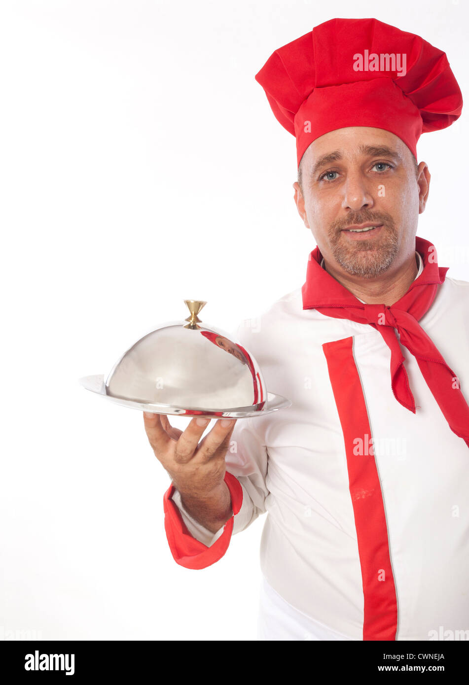 chef with metal cloche lid cover and tray Stock Photo - Alamy