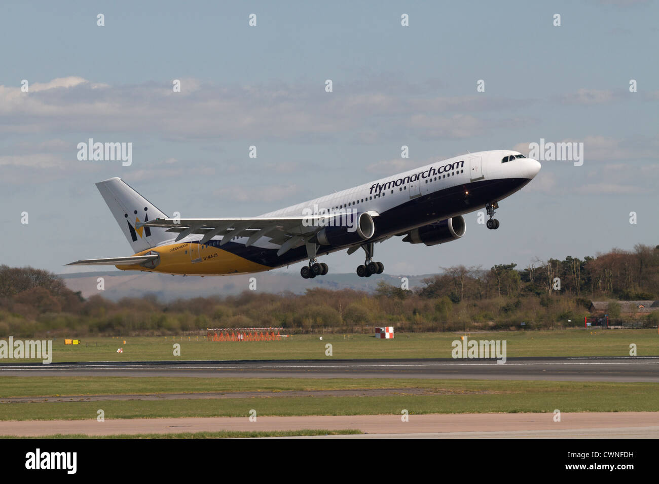 Monarch Airlines Airbus A300B4-605R landing at Manchester airport Stock ...