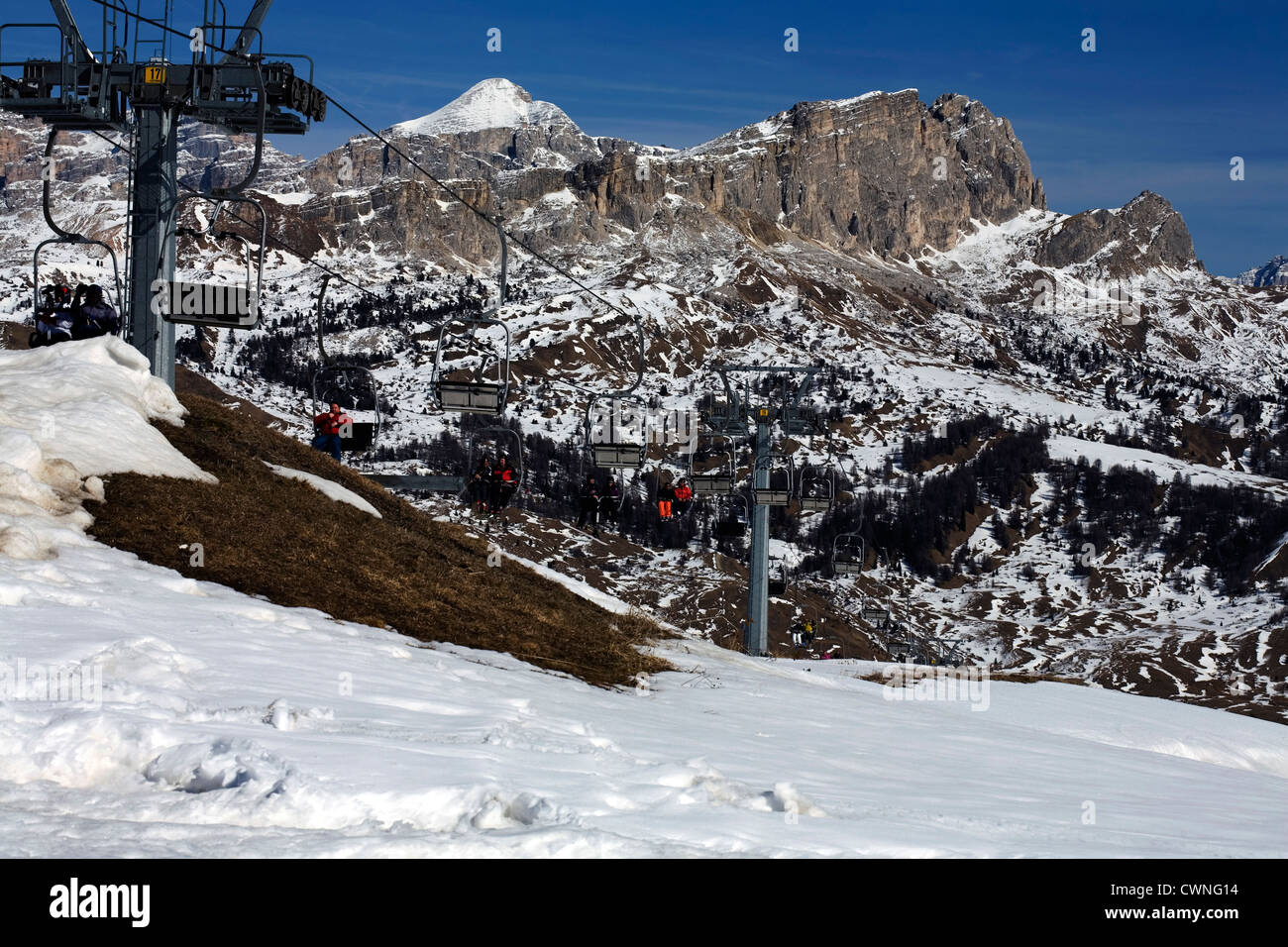 Skiers at ski lift near the Cherz Restaurant Corvara Dolomites Italy ...