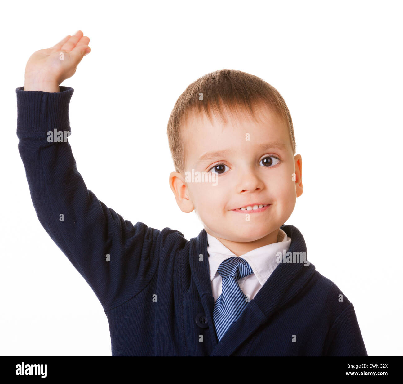 Small schoolboy raises his hand for answer, isolated on white ...