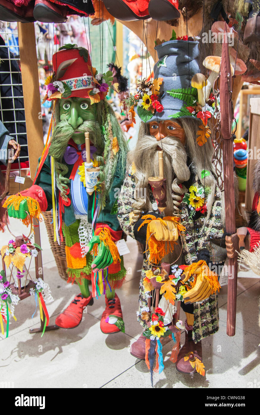 Old men puppets with beards and pipes in shop in Prague, Czech Republic ...