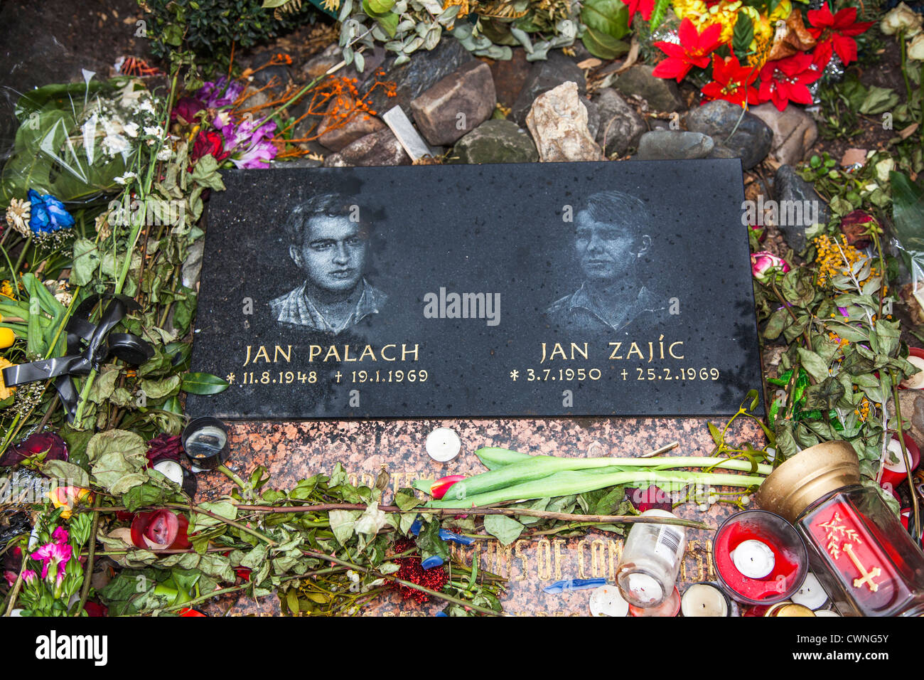 Wenceslas Square, Prague, Czech Republic. Memorial to martyrs Jan ...