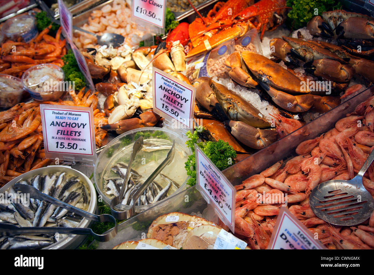 Assorted Seafood on Ice at Fishmonger - UK Stock Photo - Alamy