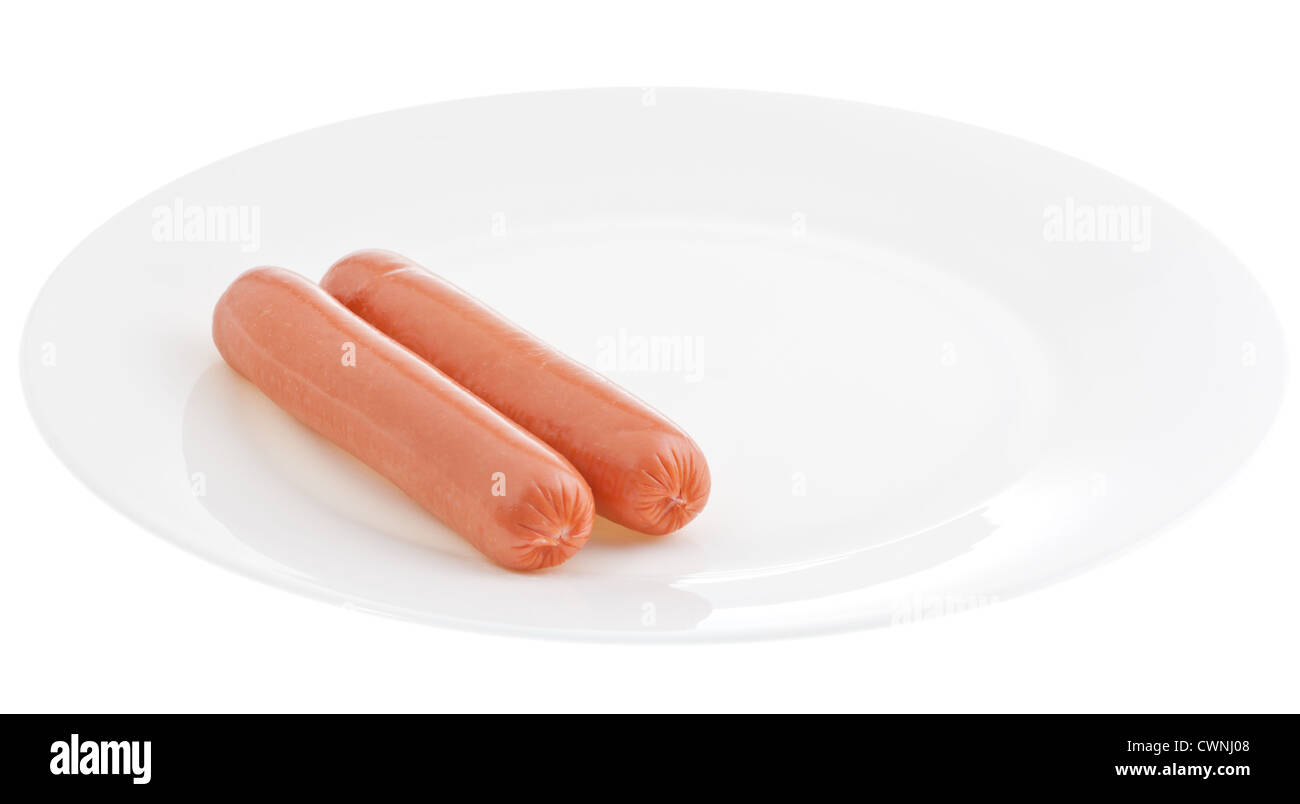 two pink sausages on white plate isolated on white background Stock ...