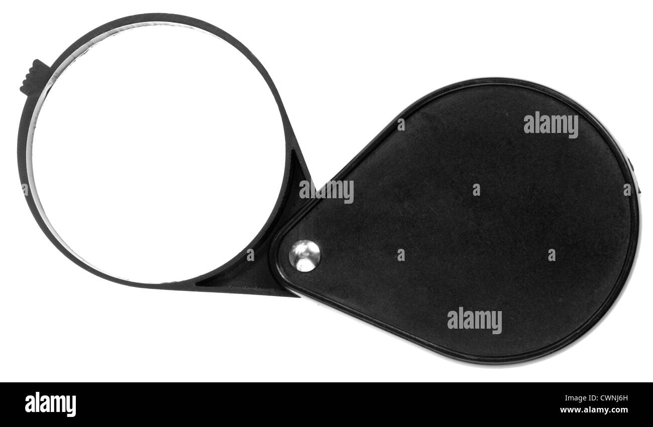 black hand magnifier isolated on white background Stock Photo - Alamy