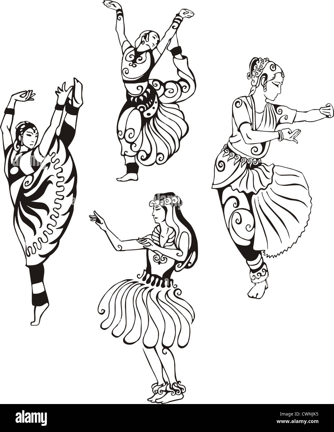 Women in oriental dance. Set of black and white vector illustrations ...