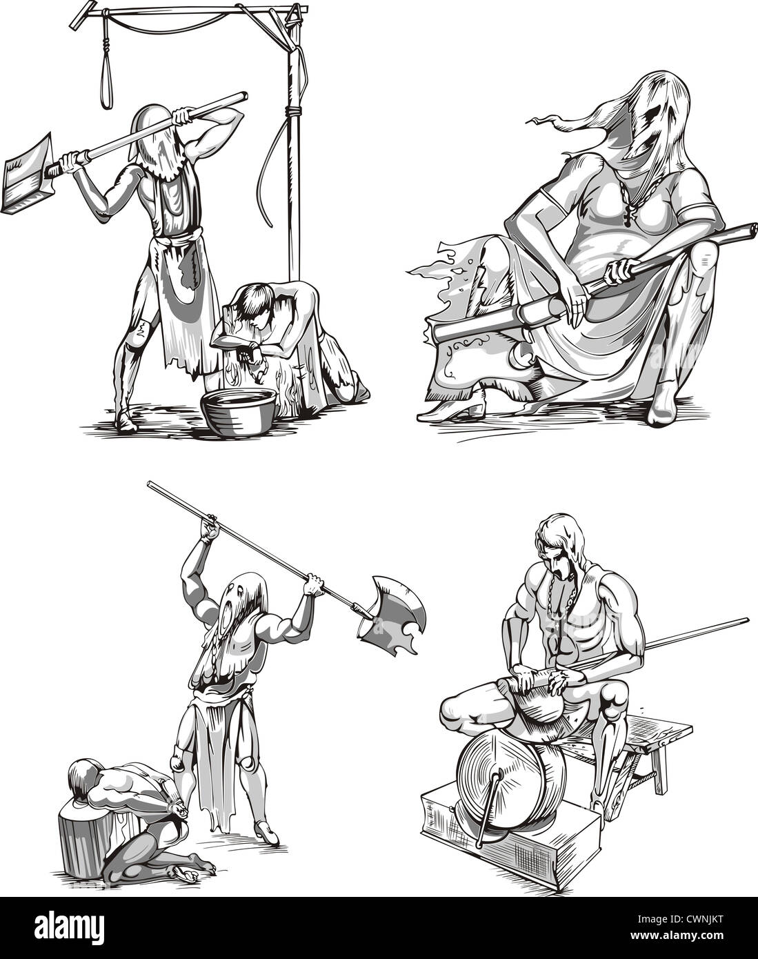Old-Time Executioner Sketches. Set of black and white vector ...