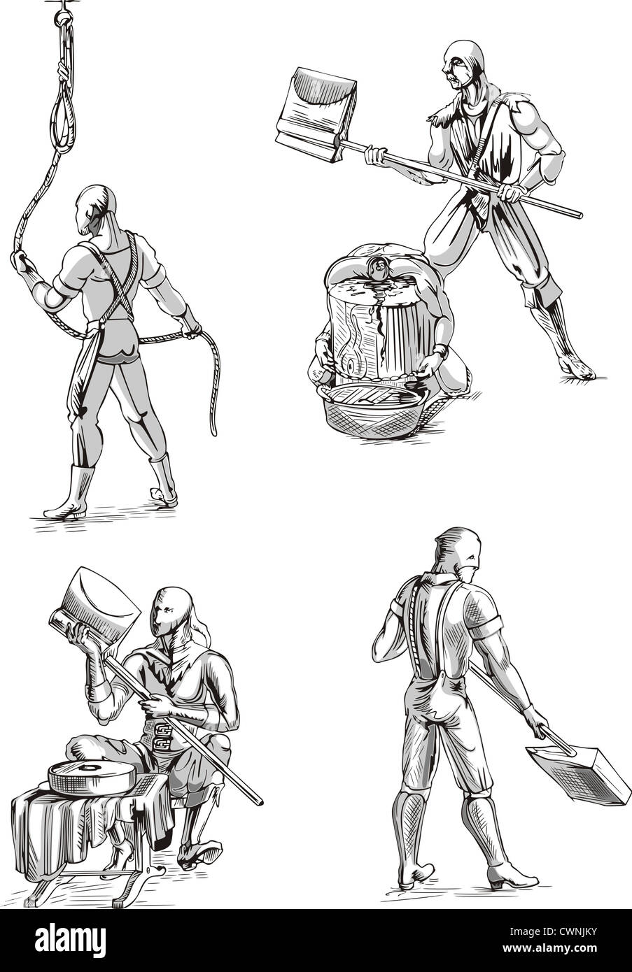 Old-Time Executioner Sketches. Set of black and white vector ...