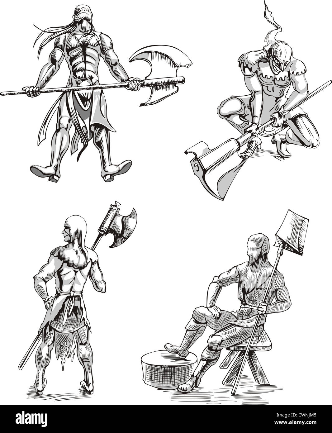 Old-Time Executioner Sketches. Set of black and white vector ...