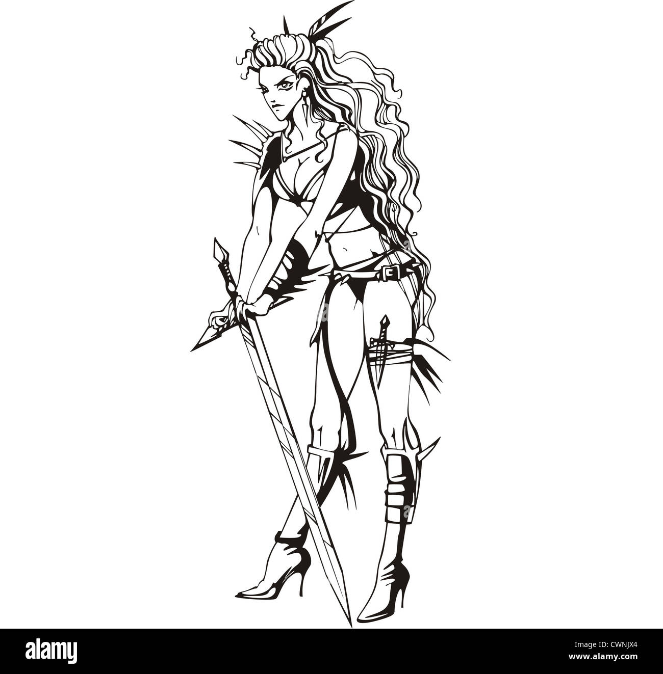 Young Amazon lady with sword. Vinyl-ready EPS Illustration, black and ...