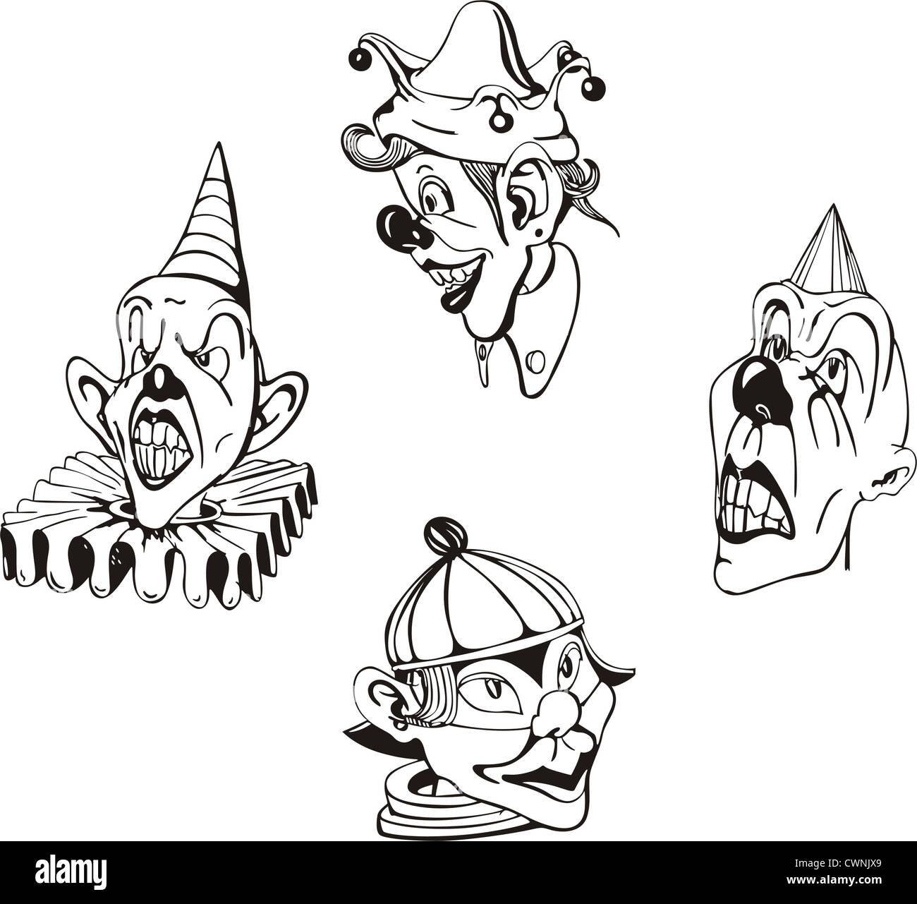 Four mad clown designs. Vinyl-ready EPS Illustrations, black and white ...