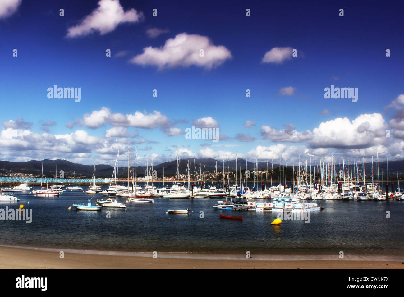 Marina and beach view in Bayona Spain Stock Photo - Alamy
