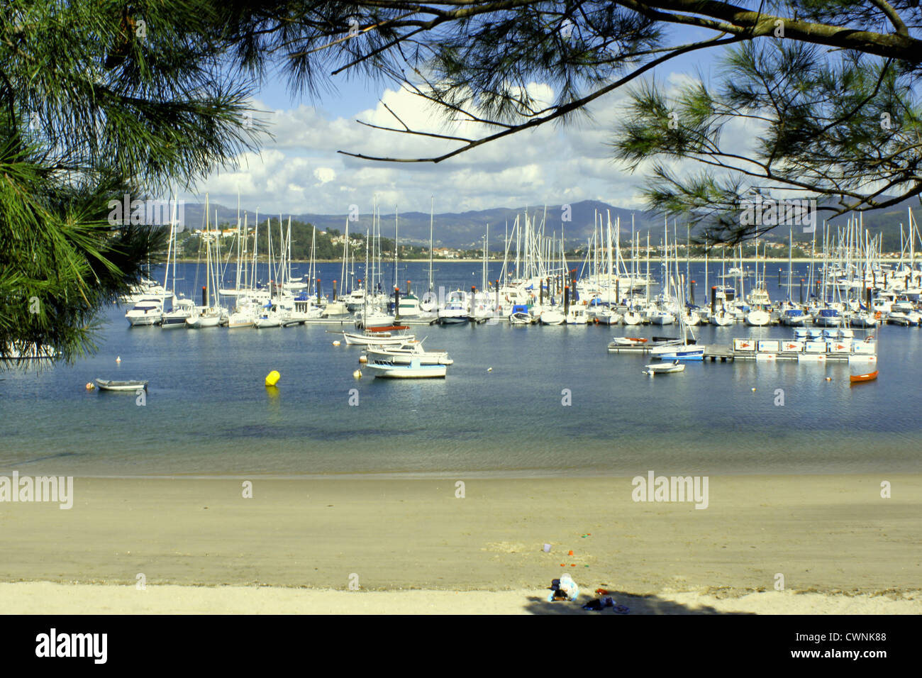 Marina and beach view in Bayona Spain Stock Photo - Alamy