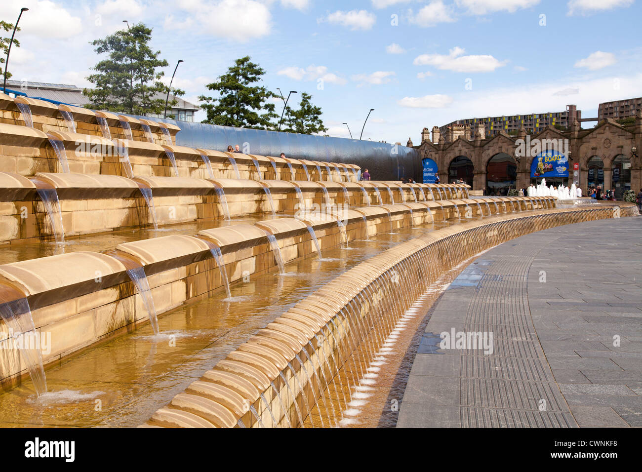 Sheaf square outside Sheffield train station with the water feature and ...
