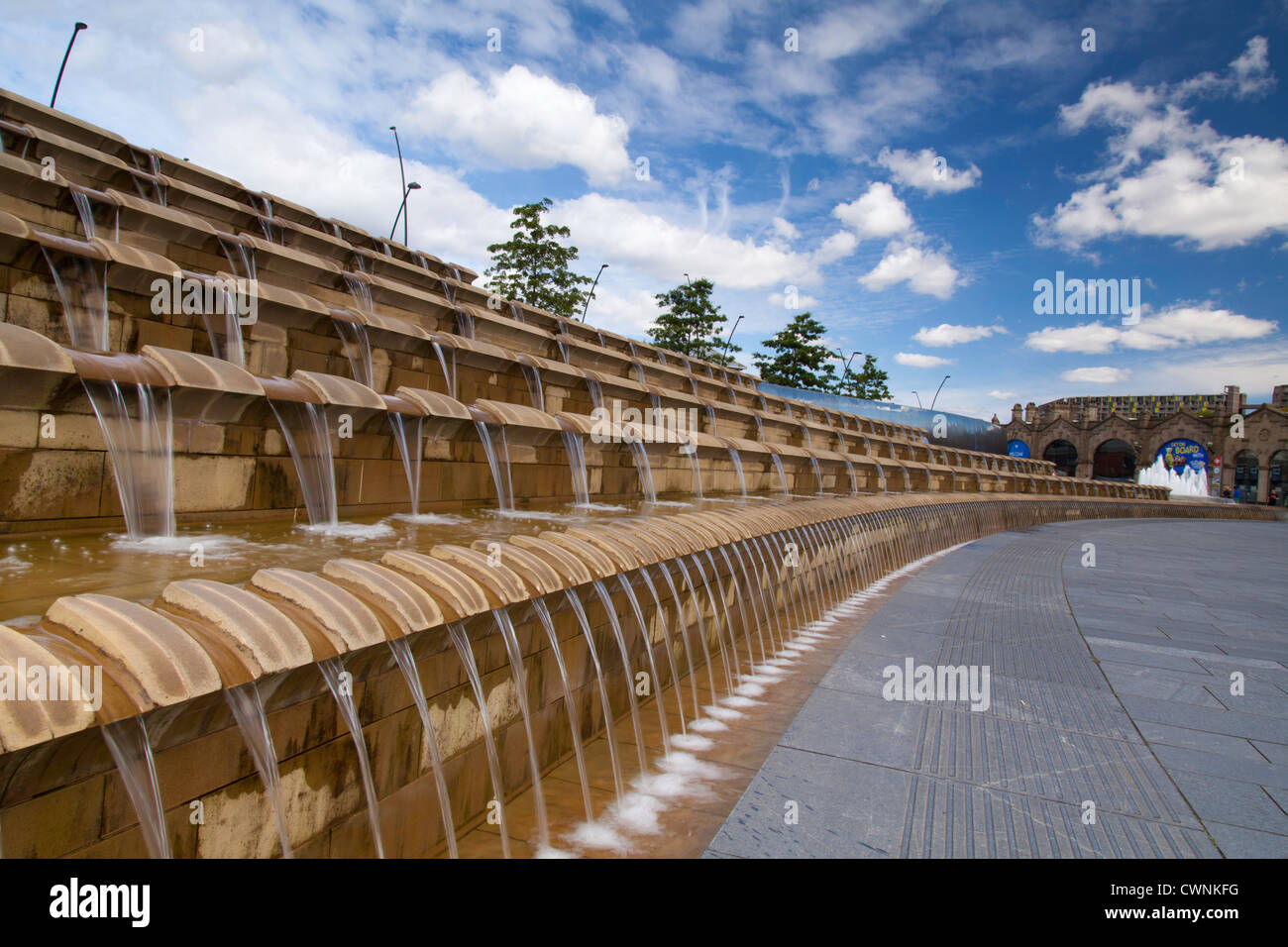 Sheaf square outside Sheffield train station with the water feature and ...