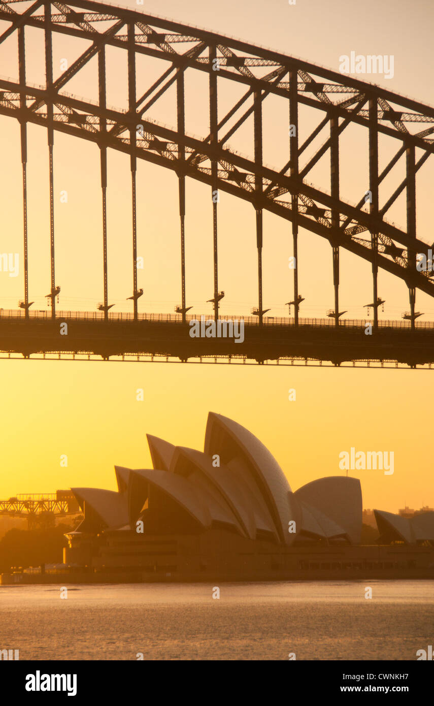 Sydney Opera House and Harbour Bridge at dawn from Blues Point Reserve ...