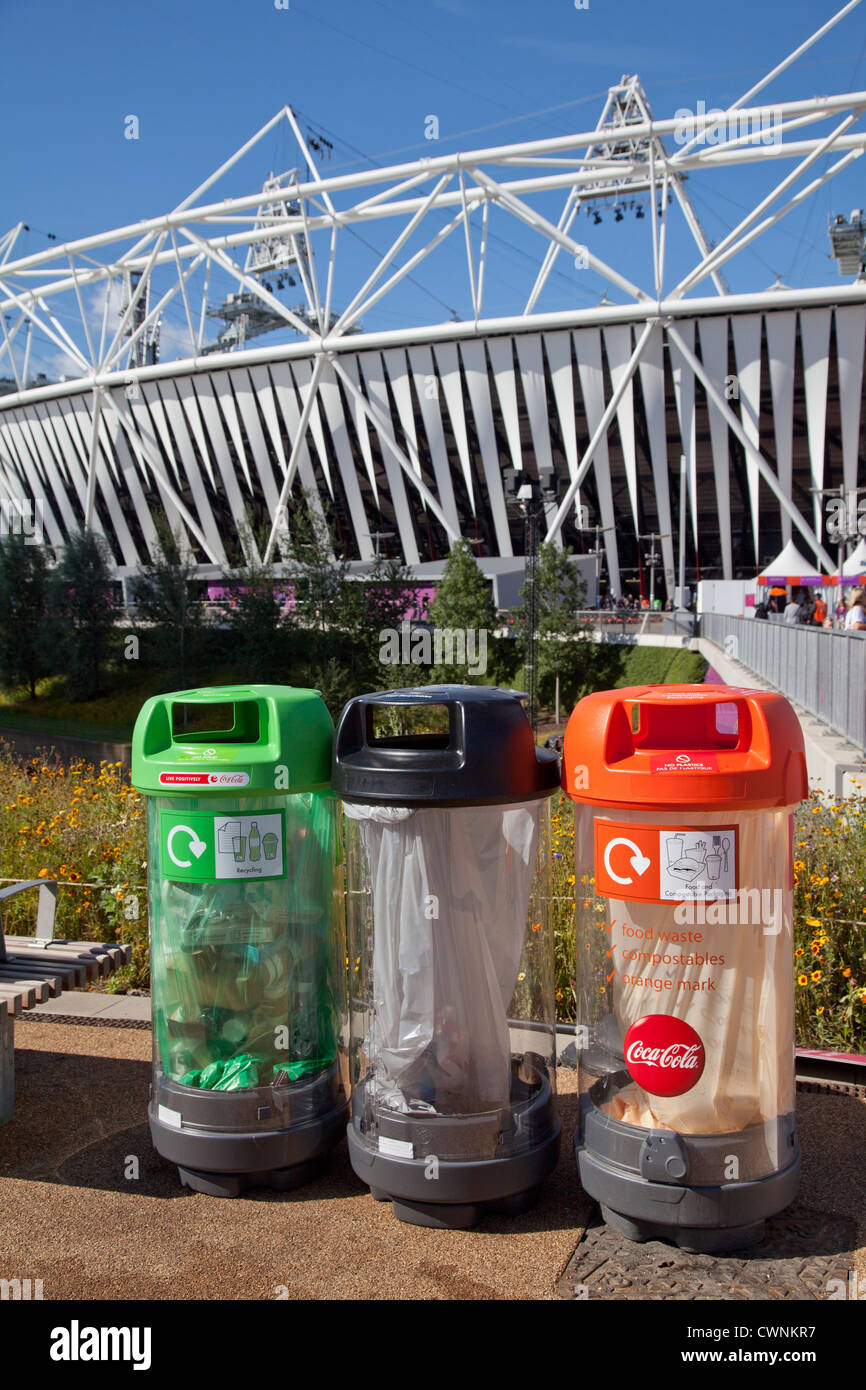 Recycle bins at the London 2012 Olympic Stadium Stock Photo - Alamy