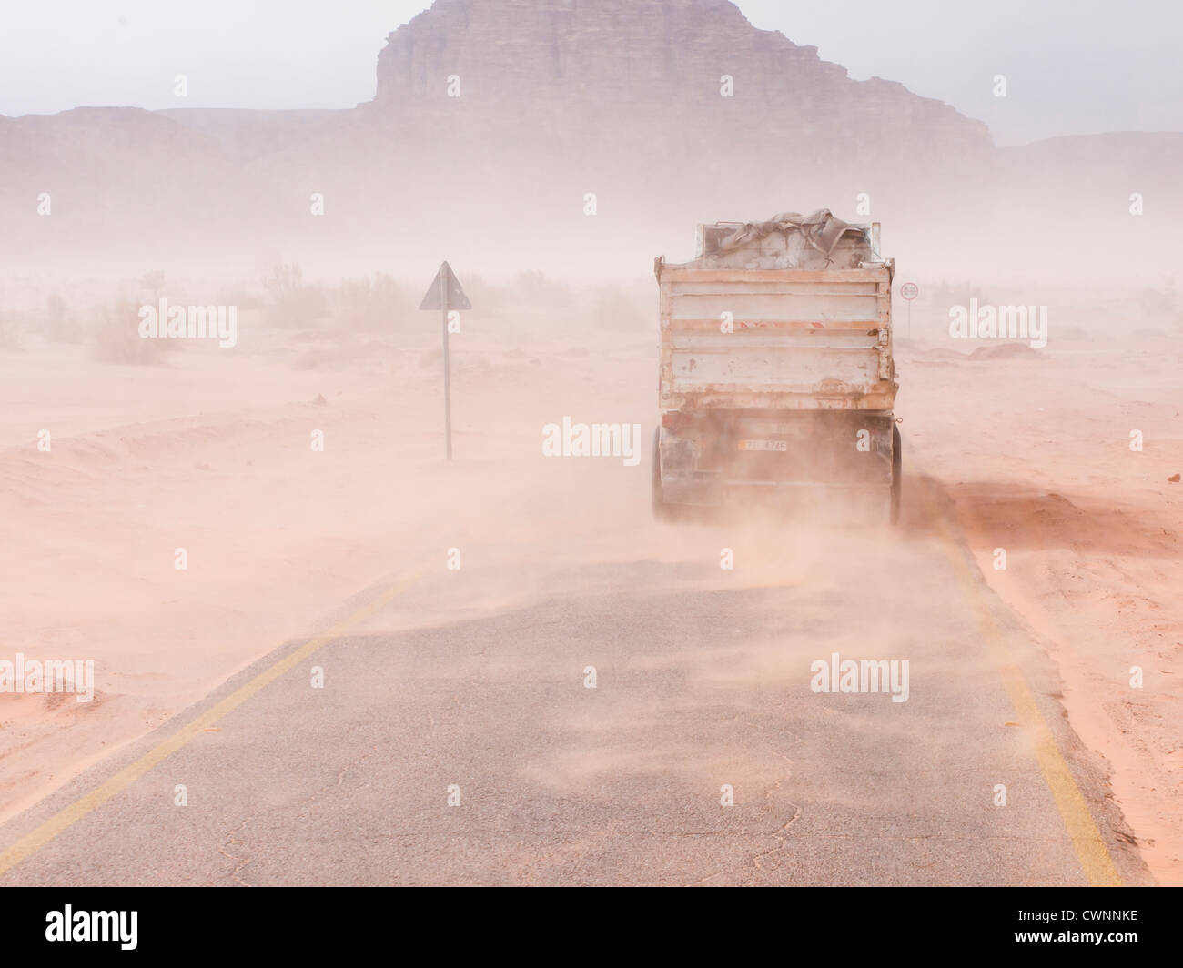 Sandstorm on a road in Wadi Rum Jordan makes visibility low for drivers ...
