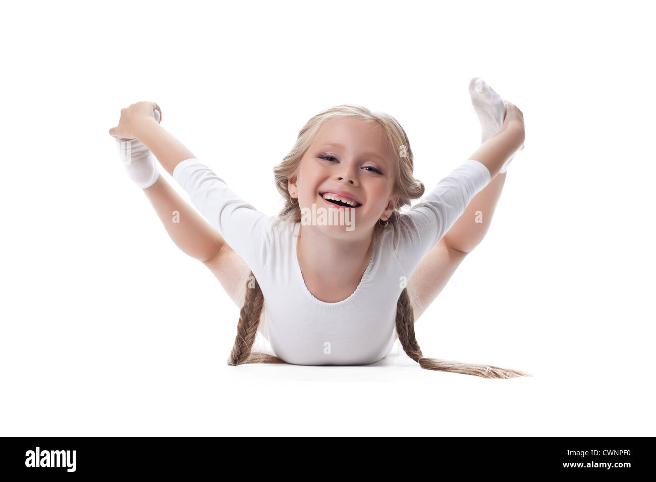 Full length portrait of kid gymnast. Isolated on white Stock Photo - Alamy