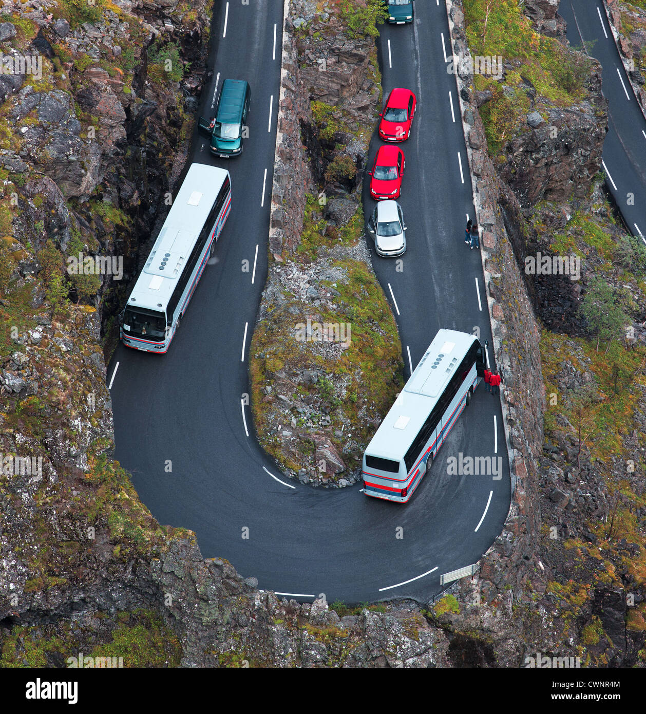 Jam on a mountain road. Due to malfunction of the bus Stock Photo - Alamy