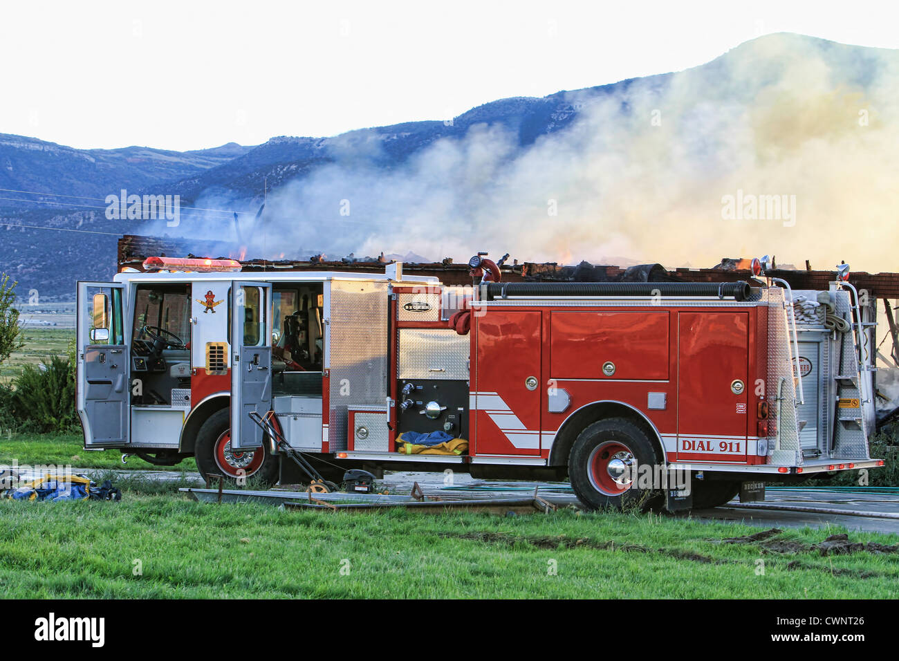 Fire truck attending a wildfire in central Utah, Doors are open while ...