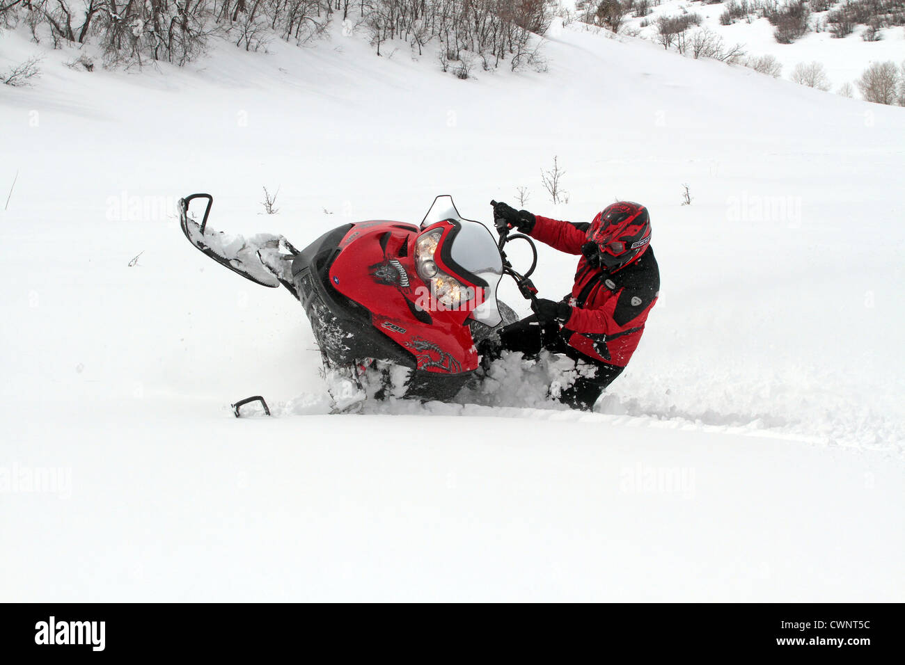Snowmobile rider having fun and turning in fresh white snow. Sharp ...
