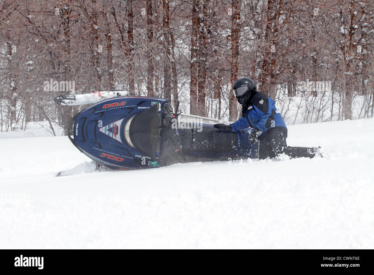 Snowmobile rider having fun and turning in fresh white snow. Sharp ...