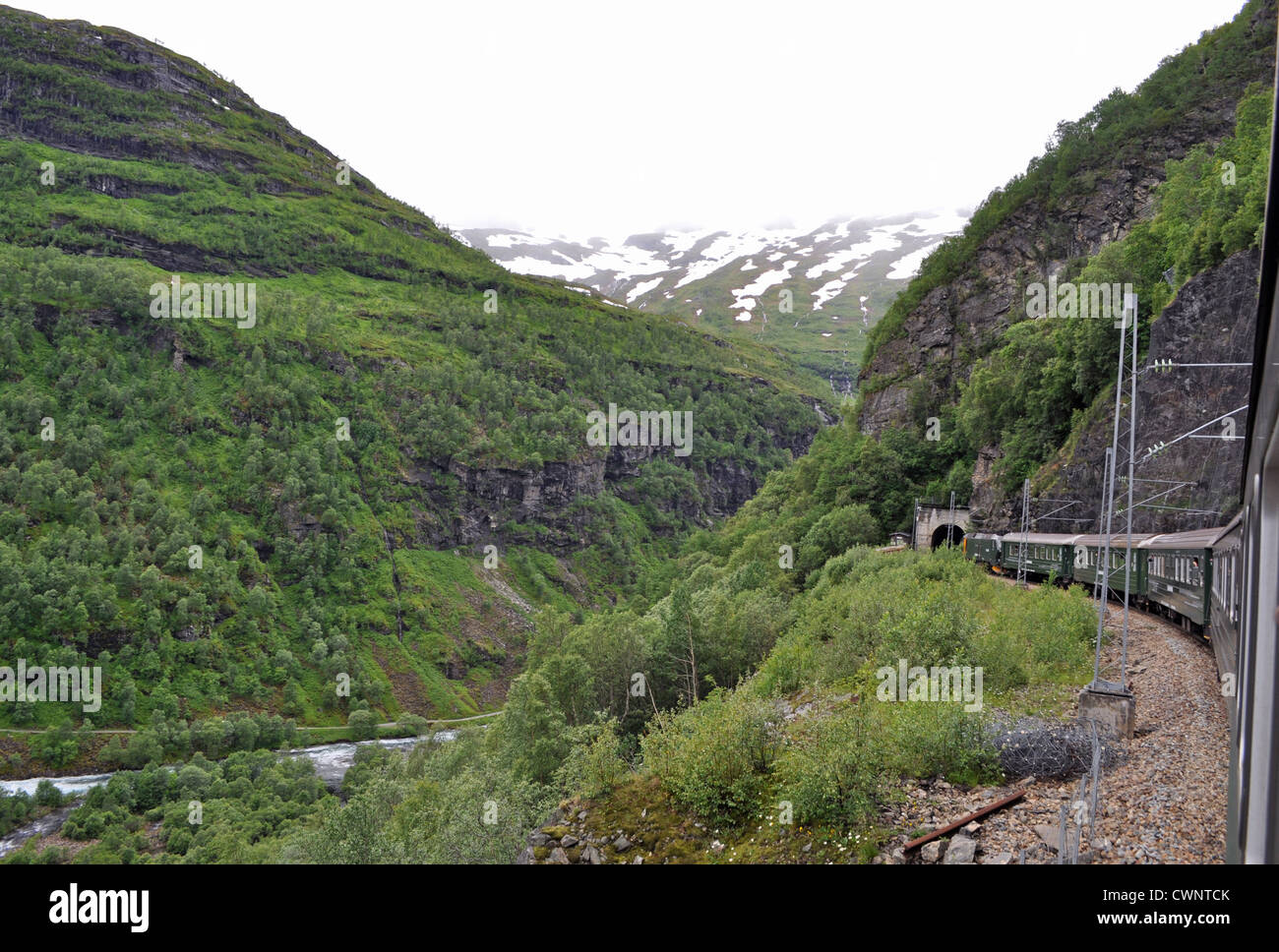 The scenic Flam railway (Flåmsbana) approaches a tunnel between Myrdal and Flam, Norway Stock ...