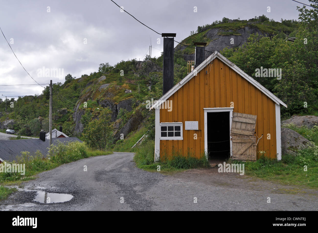 Traditional cabin building in Nusfjord, a historic fishing village in ...