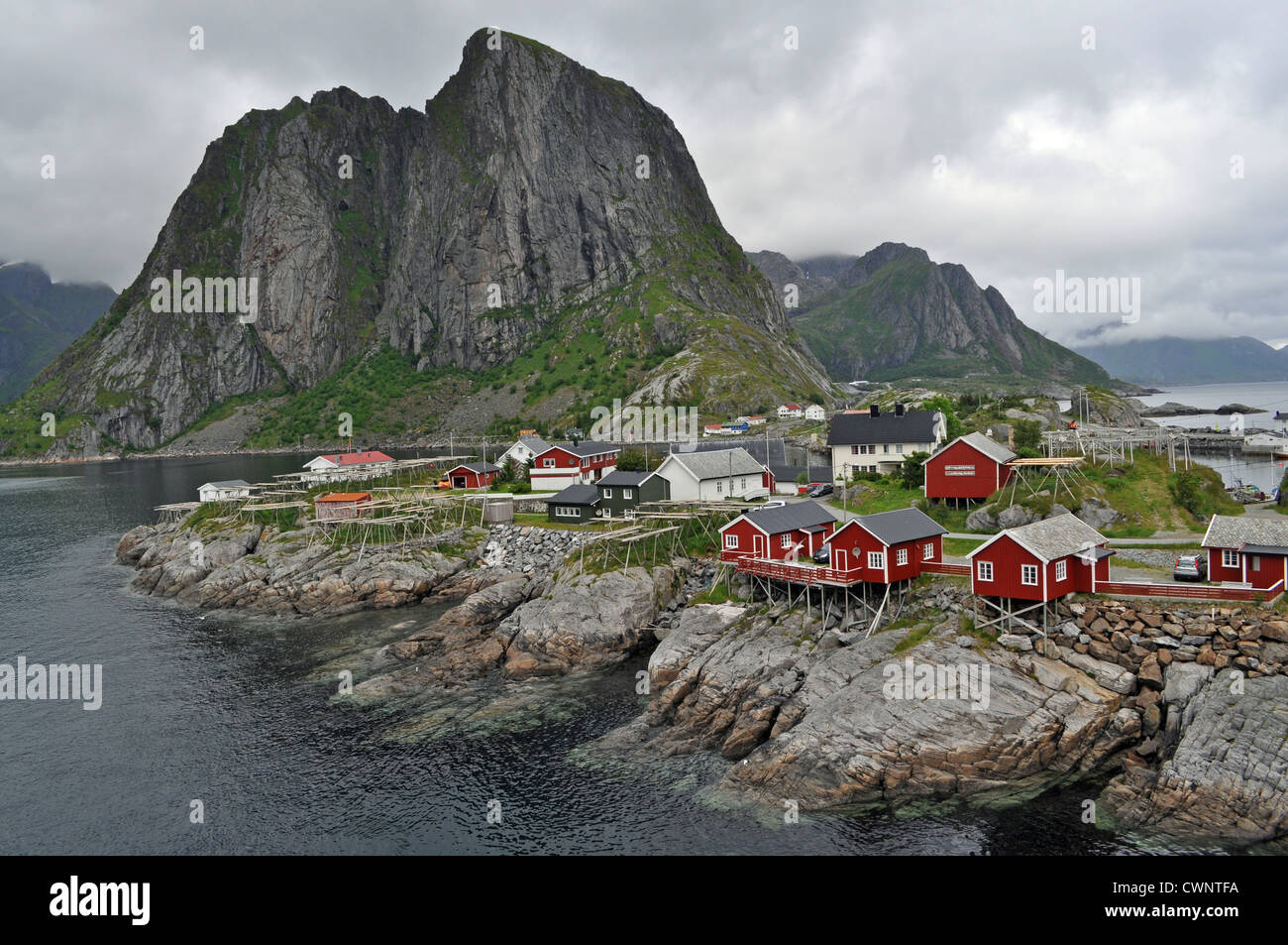 Dramatic view of a waterfront village in the Lofoten Islands, an ...
