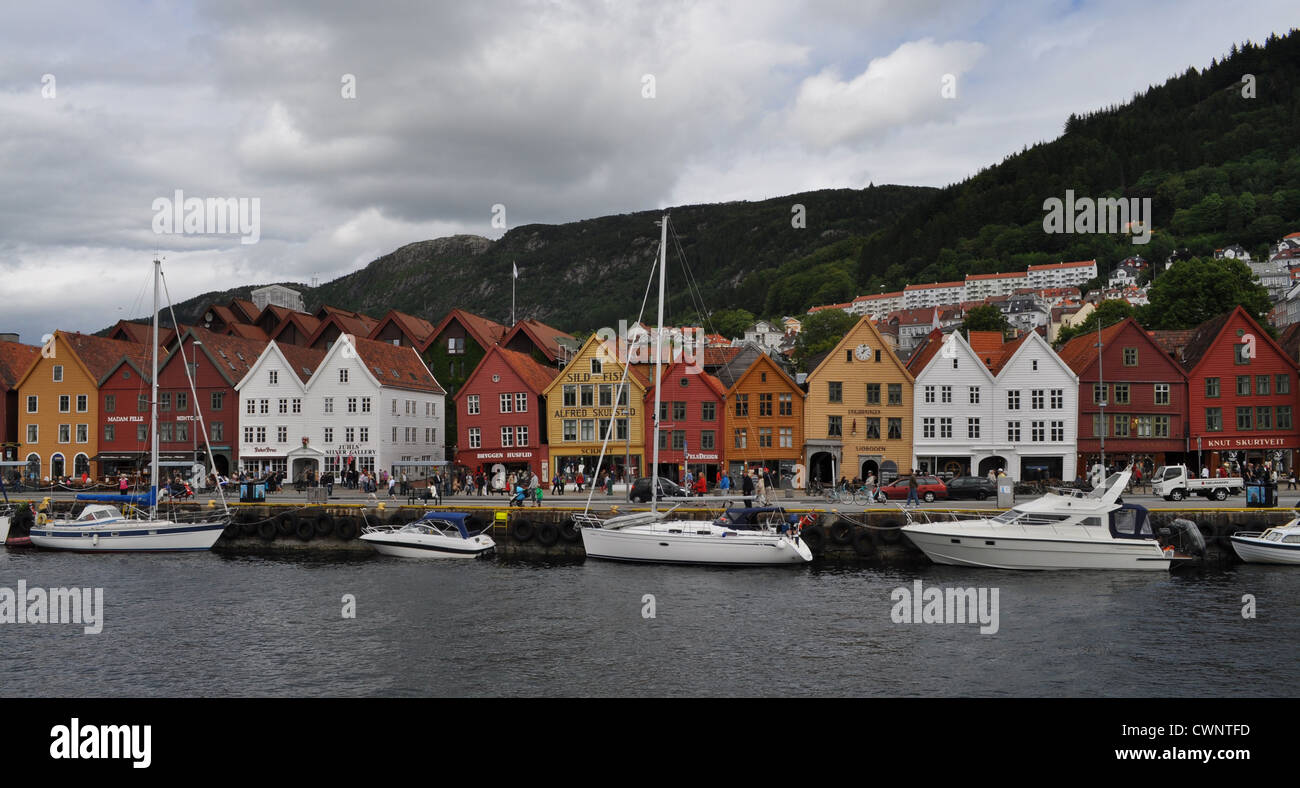 Bryggen, the historic Hanseatic wharf area of Bergen, Norway, pictured ...