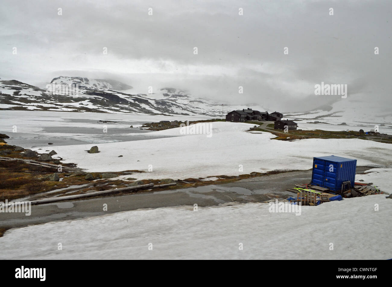 View of summer snow and ice on a plateau at Finse, a mountain village ...