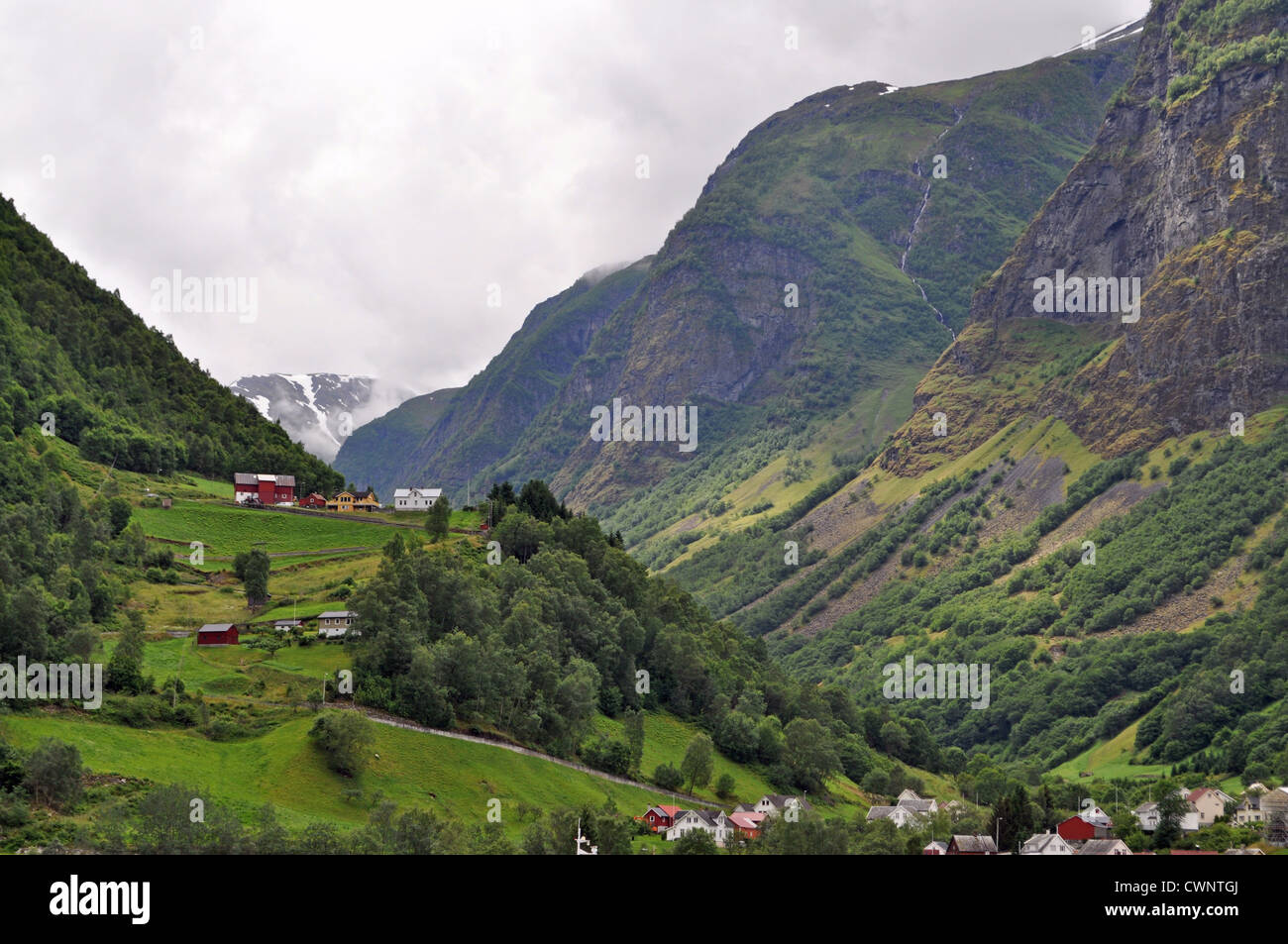 Houses in the Flam valley from the Flam Railway in Norway.Flåm is a ...