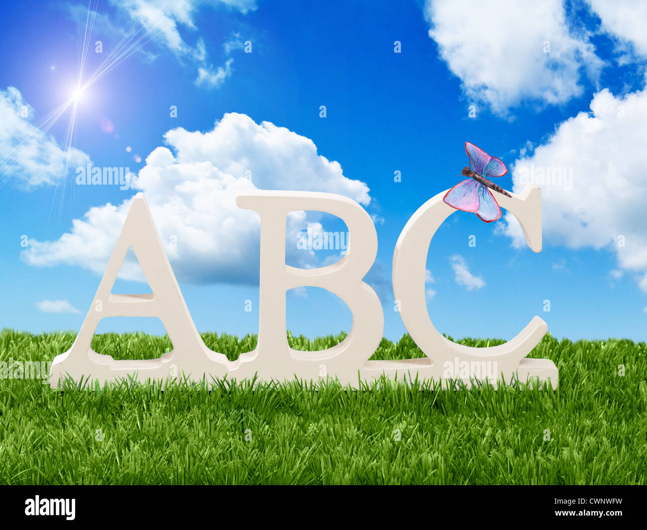 Wooden ABC alphabet letters in the grass with butterfly Stock Photo - Alamy