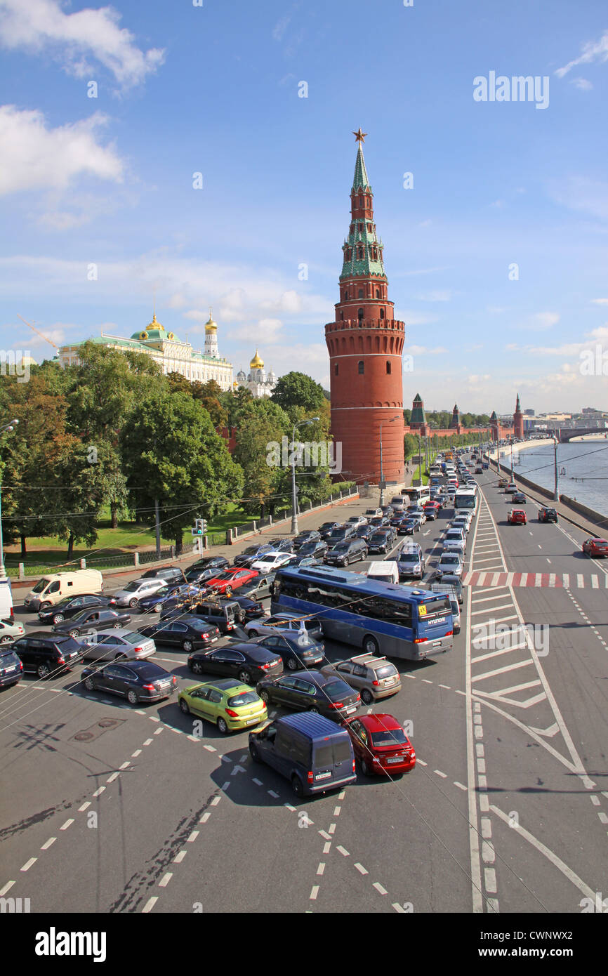 Russia. Moscow. Traffic jam on the Kremlin embankment and Vodovzvodnaya ...