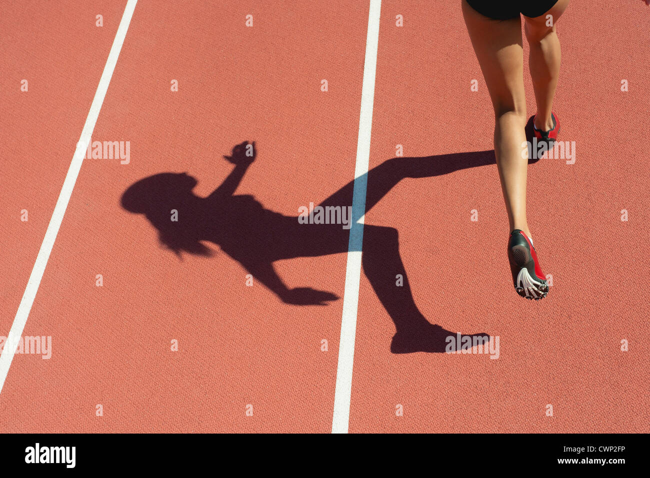 Female athlete running on track, low section, focus on shadow Stock ...