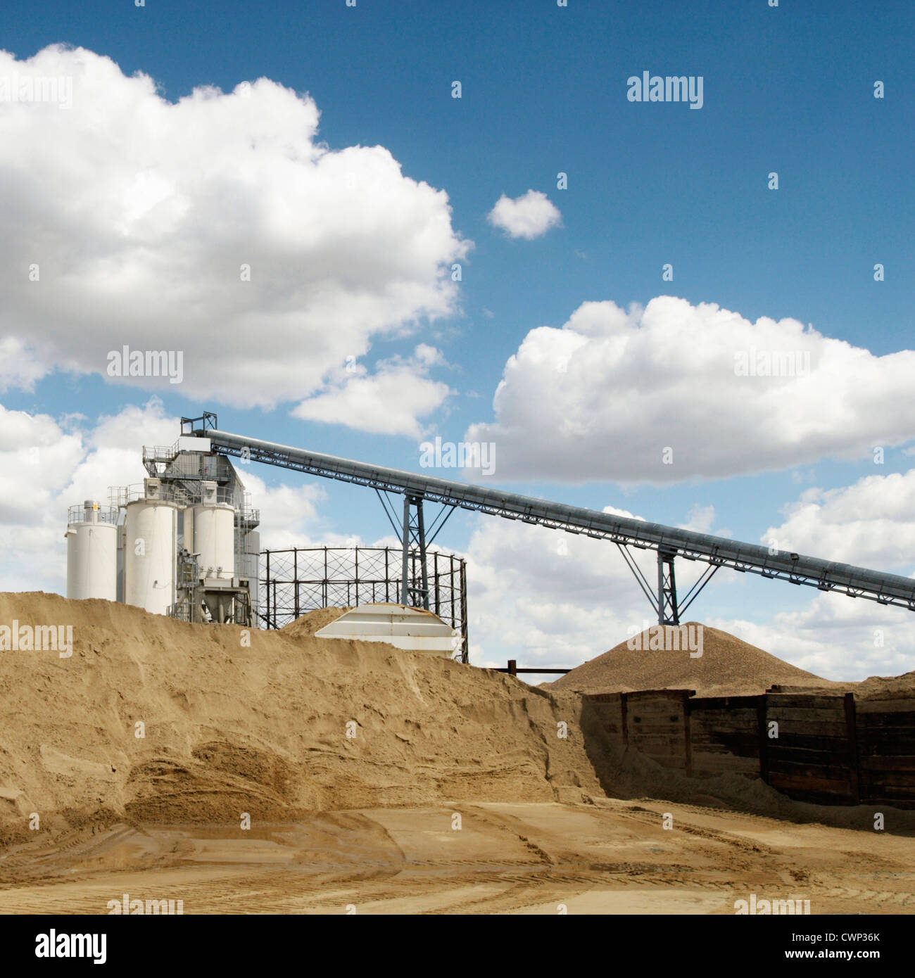 Sand storage at a cement works. Greenwich peninsula, South-East London ...