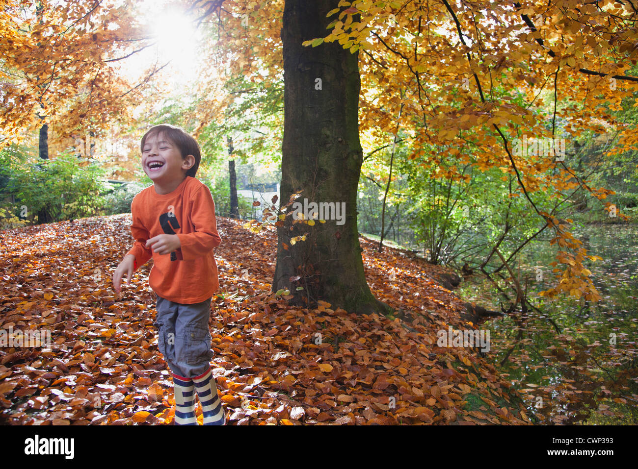 Boy standing in fall leaves laughing Stock Photo - Alamy