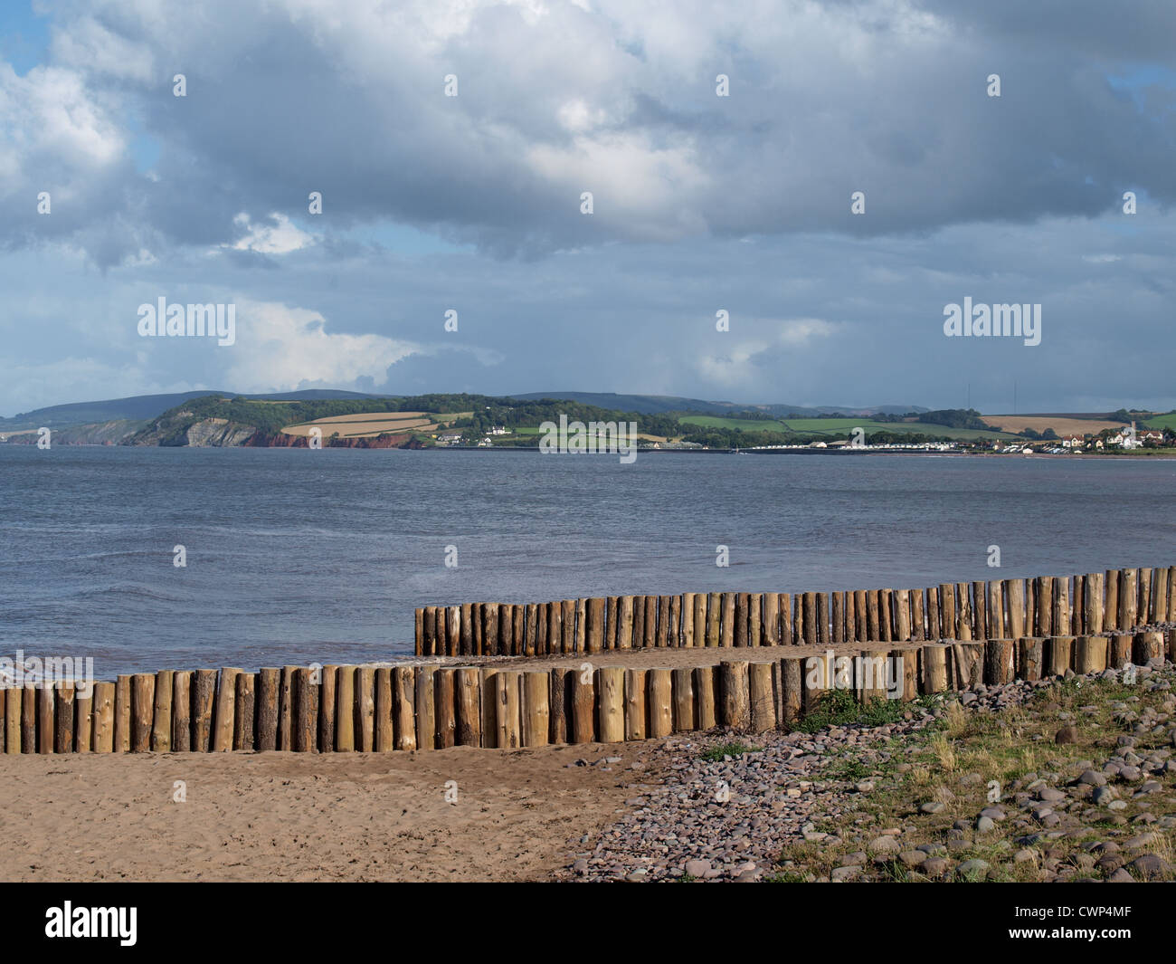 Beach at Dunster with wooden groyns, looking out at Bristol Channel ...
