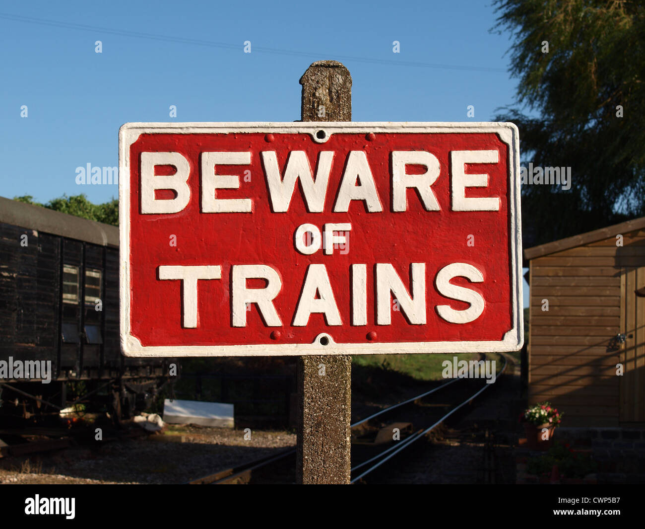 Beware of Trains sign on West Somerset Steam Railway. Somerset. UK ...