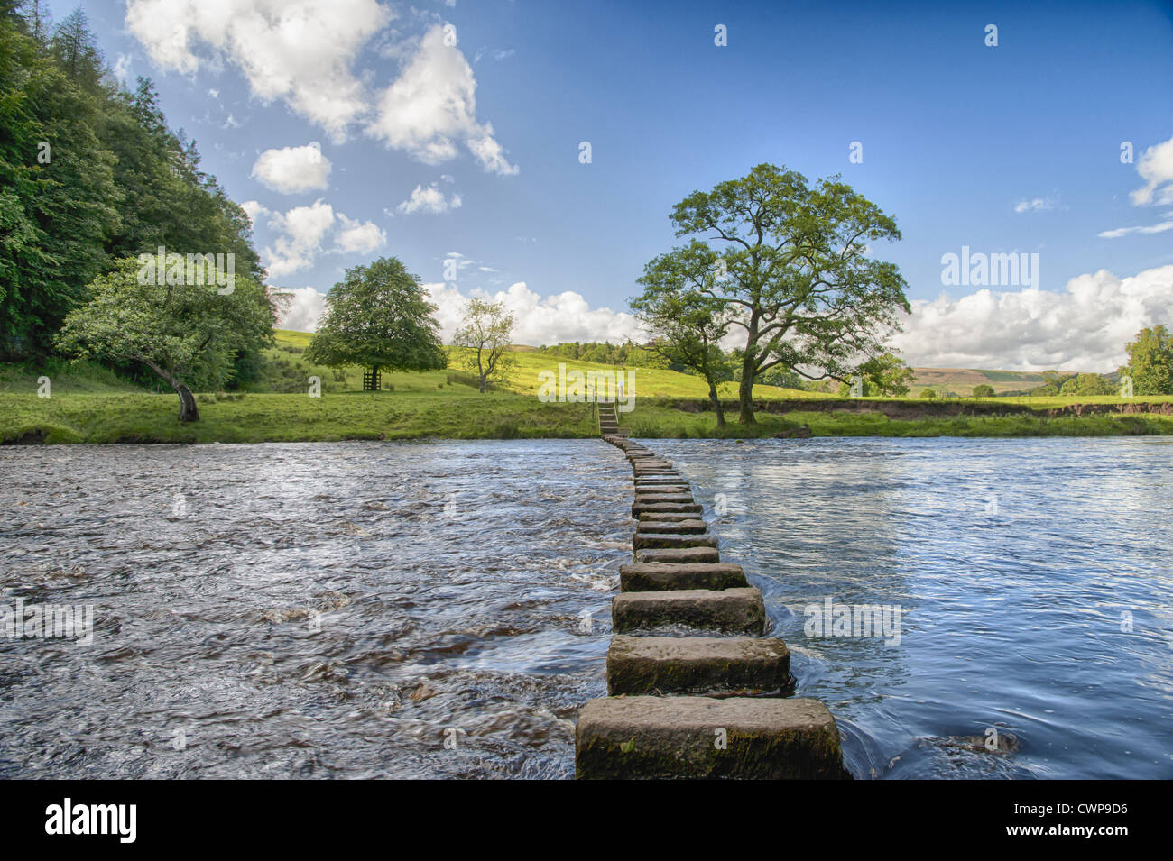 View of stepping stones across river, River Hodder Whitewell, Forest of ...