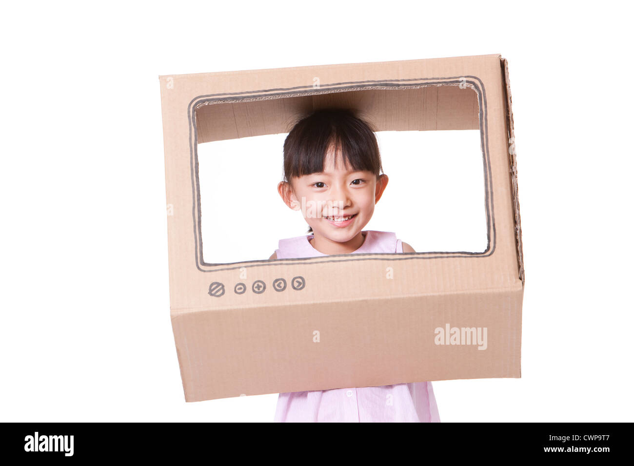 Girl and a carton made TV Stock Photo - Alamy