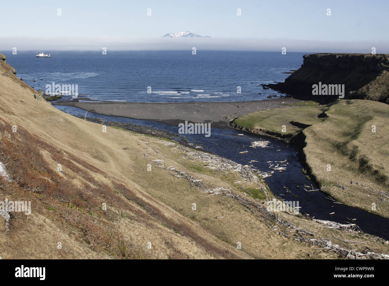 View of river entering sea, beach and coastline of volcanic island ...