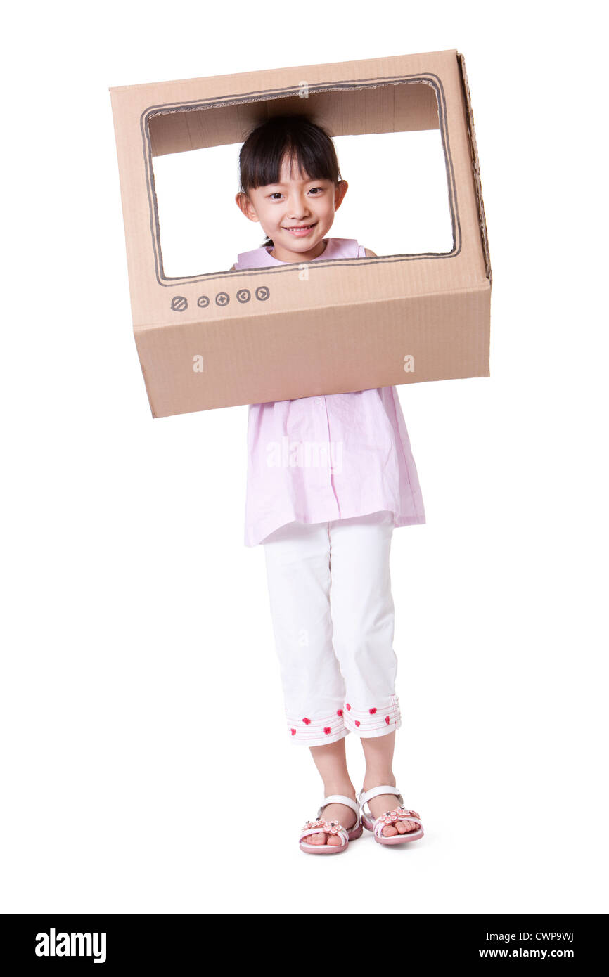 Girl and a carton made TV Stock Photo - Alamy