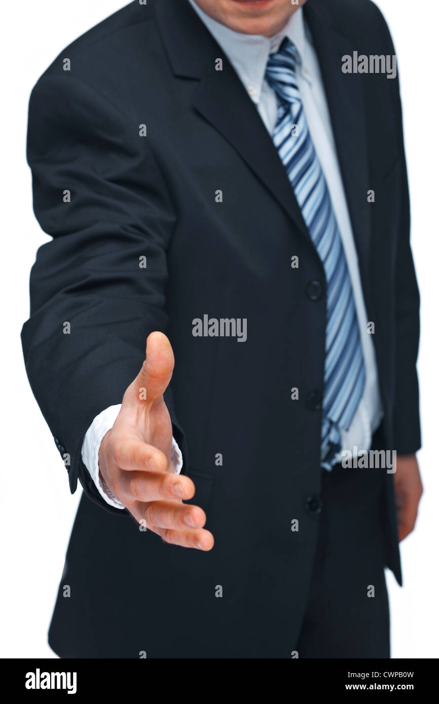 Closeup of a mature business man's hand greeting you , isolated on ...