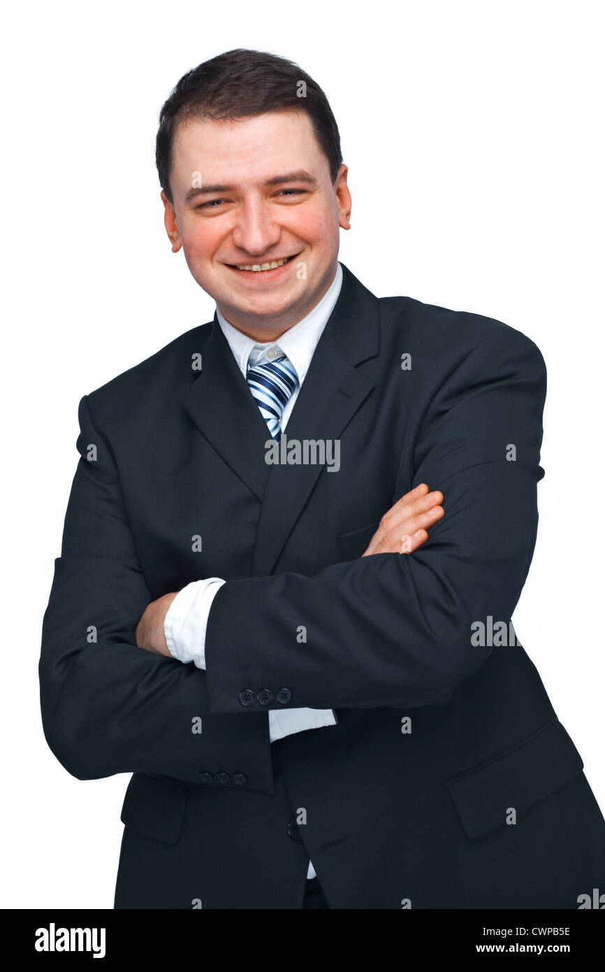 Portrait of a successful business man in a black suit with hands folded ...