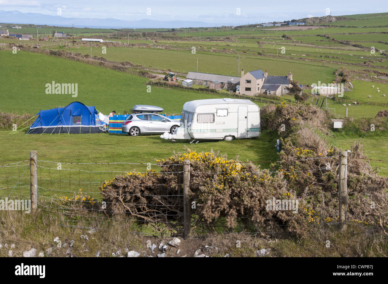 Small camping field with caravan and tent in farmland, near Aberdaron ...