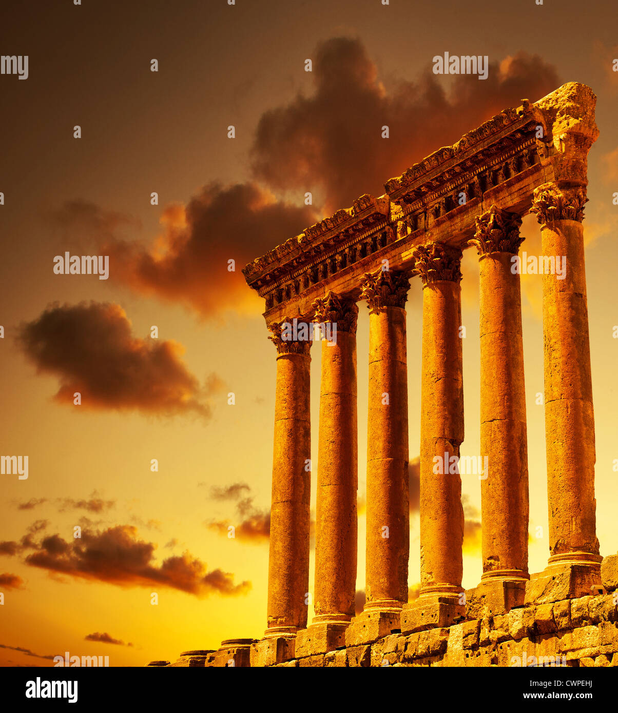 Column ruins over sunset, ancient lebanese building, Heliopolis Baalbek ...