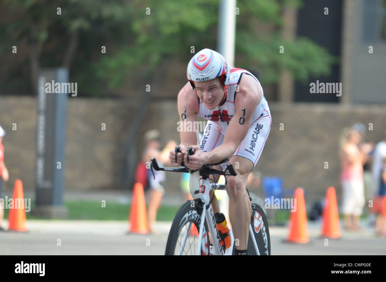 Ben Collins of the US during the bicycle portion of the 2012 Hy-Vee ...