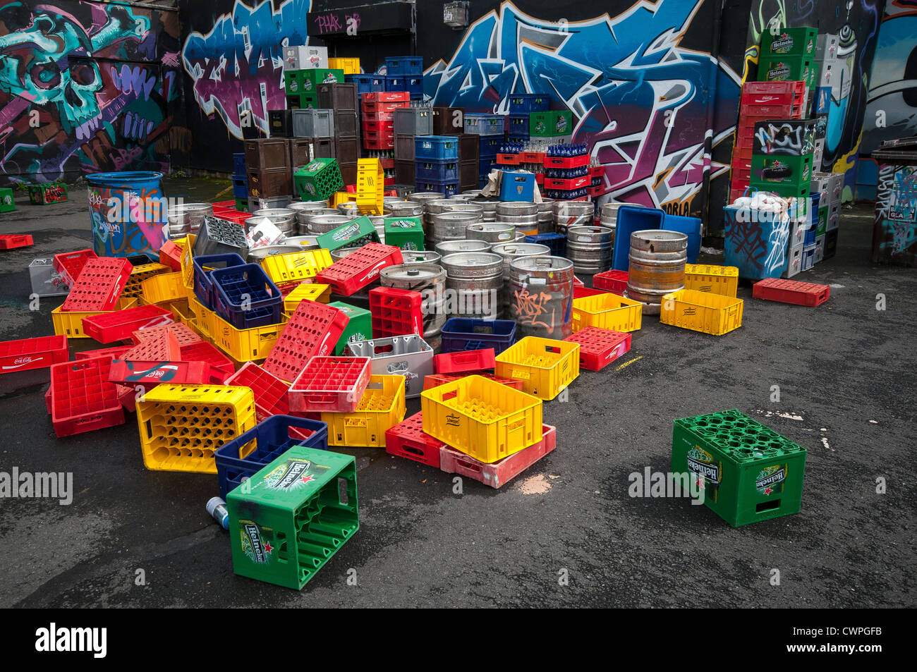A collection of beer kegs barrels beer bottle and crates Stock Photo ...